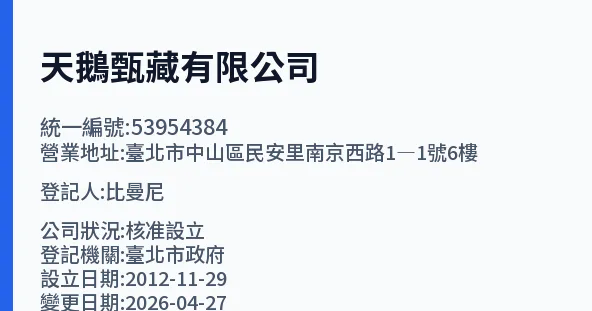 天鵝甄藏有限公司的照片-統編 53954384(臺北市) 公司登記資料與營業項目詳細圖表