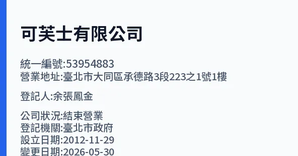 可芙士有限公司的照片-統編 53954883(臺北市) 公司登記資料與營業項目詳細圖表