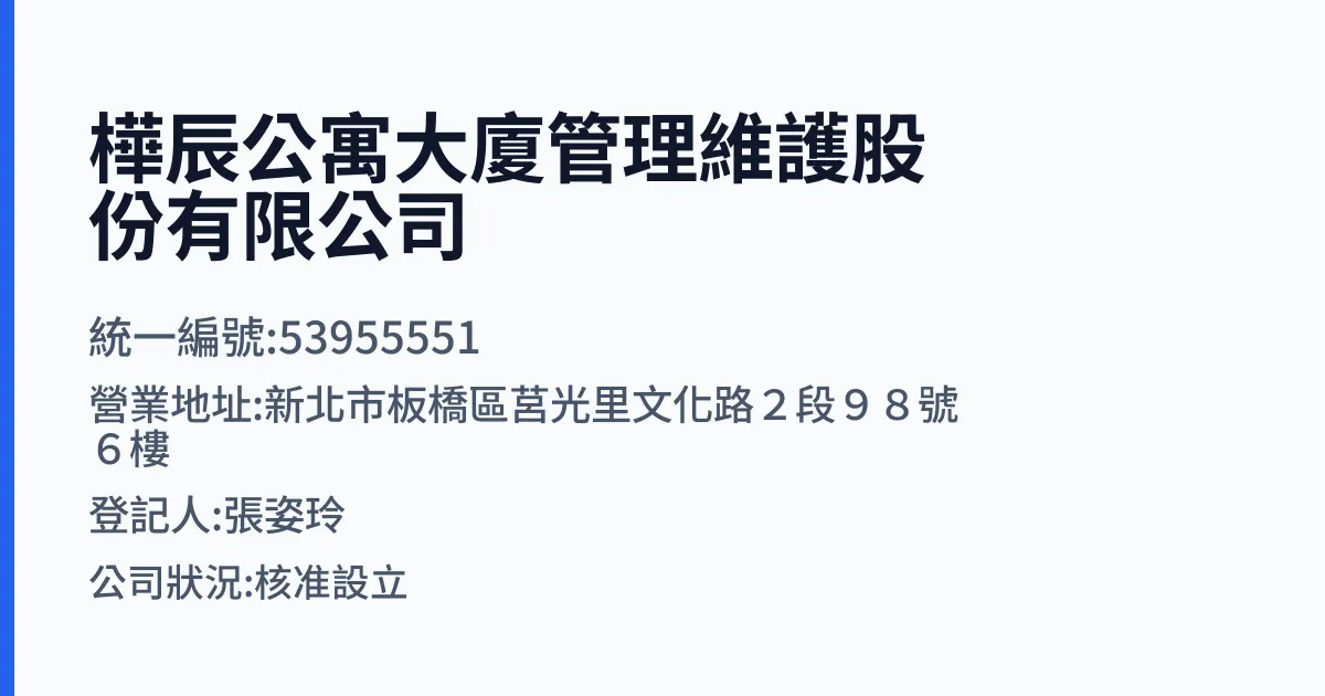 樺辰公寓大廈管理維護股份有限公司 - 統編 53955551(新北市) 公司登記資料與營業項目詳細圖表