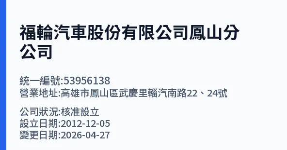 福輪汽車股份有限公司鳳山分公司的照片-統編 53956138(高雄市) 公司登記資料與營業項目詳細圖表