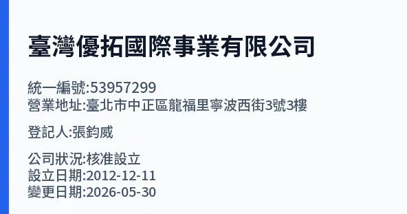 臺灣優拓國際事業有限公司的照片-統編 53957299(臺北市) 公司登記資料與營業項目詳細圖表