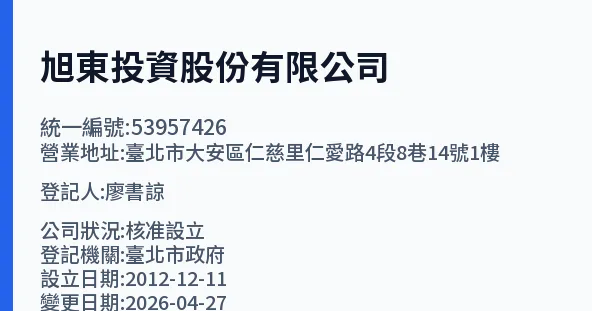 旭東投資股份有限公司的照片-統編 53957426(臺北市) 公司登記資料與營業項目詳細圖表