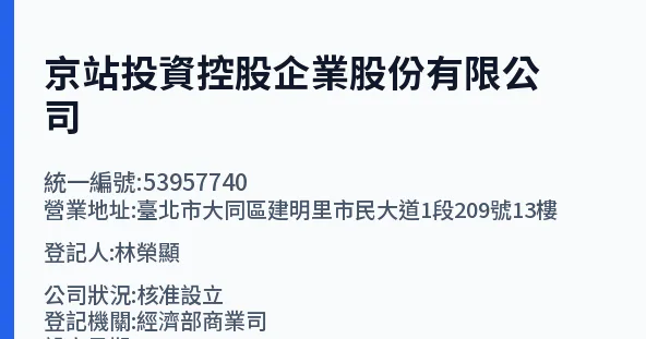 京站投資控股企業股份有限公司的照片-統編 53957740(臺北市) 公司登記資料與營業項目詳細圖表