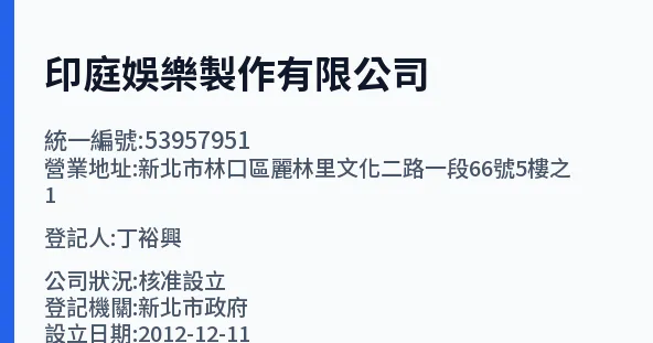 印庭娛樂製作有限公司的照片-統編 53957951(新北市) 公司登記資料與營業項目詳細圖表