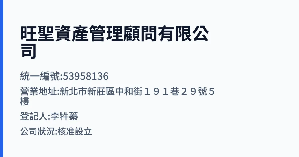 旺聖資產管理顧問有限公司 - 統編 53958136(臺北市) 公司登記資料與營業項目詳細圖表