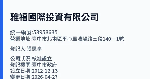 雅福國際投資有限公司的照片-統編 53958635(臺中市) 公司登記資料與營業項目詳細圖表