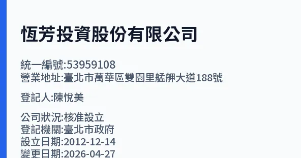 恆芳投資股份有限公司的照片-統編 53959108(臺北市) 公司登記資料與營業項目詳細圖表