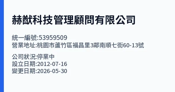 赫猷科技管理顧問有限公司的照片-統編 53959509(桃園市) 公司登記資料與營業項目詳細圖表