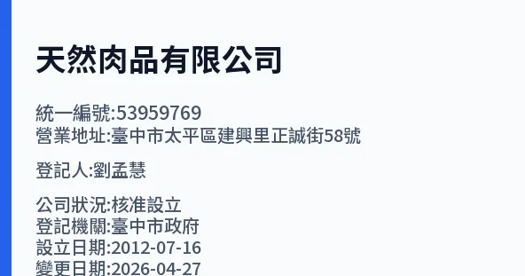 天然肉品有限公司的照片-統編 53959769(臺中市) 公司登記資料與營業項目詳細圖表