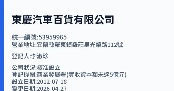東慶汽車百貨有限公司的照片-統編 53959965(宜蘭縣) 公司登記資料與營業項目詳細圖表