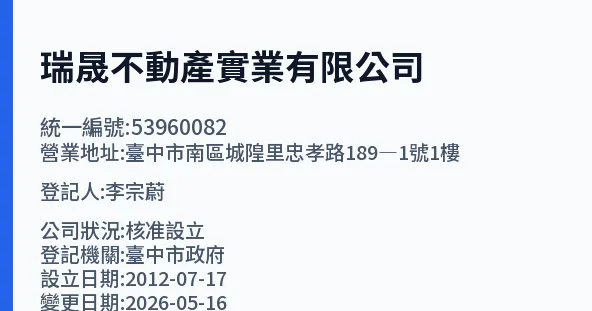 瑞晟不動產實業有限公司的照片-統編 53960082(臺中市) 公司登記資料與營業項目詳細圖表