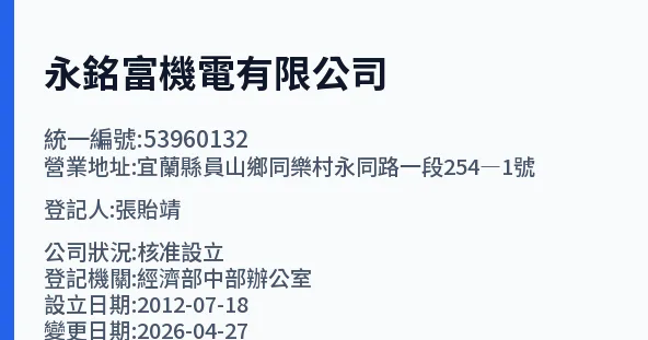 永銘富機電有限公司的照片-統編 53960132(宜蘭縣) 公司登記資料與營業項目詳細圖表