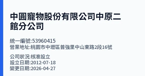 中圓寵物股份有限公司中原二館分公司的照片-統編 53960415(桃園市) 公司登記資料與營業項目詳細圖表