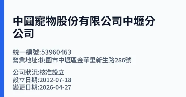 中圓寵物股份有限公司中壢分公司的照片-統編 53960463(桃園市) 公司登記資料與營業項目詳細圖表
