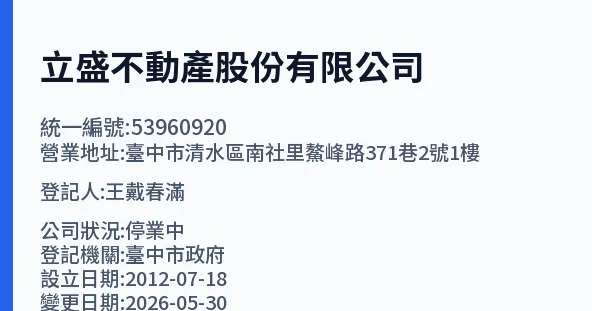 立盛不動產股份有限公司的照片-統編 53960920(臺中市) 公司登記資料與營業項目詳細圖表