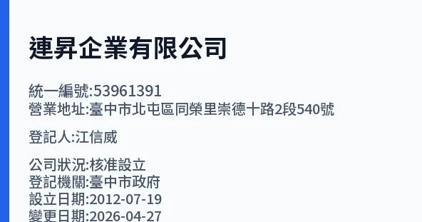 連昇企業有限公司的照片-統編 53961391(臺中市) 公司登記資料與營業項目詳細圖表