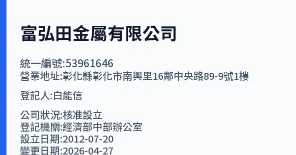 富弘田金屬有限公司的照片-統編 53961646(彰化縣) 公司登記資料與營業項目詳細圖表