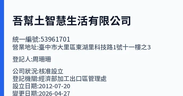吾幫土智慧生活有限公司的照片-統編 53961701(臺中市) 公司登記資料與營業項目詳細圖表
