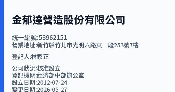 金郁達營造股份有限公司的照片-統編 53962151(新竹縣) 公司登記資料與營業項目詳細圖表