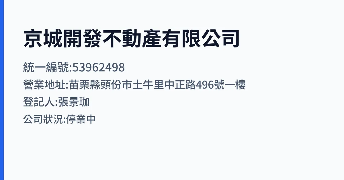 京城開發不動產有限公司 - 統編 53962498(苗栗縣) 公司登記資料與營業項目詳細圖表