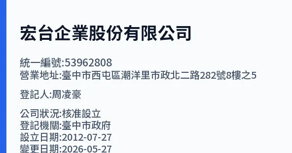 宏台企業股份有限公司的照片-統編 53962808(臺中市) 公司登記資料與營業項目詳細圖表