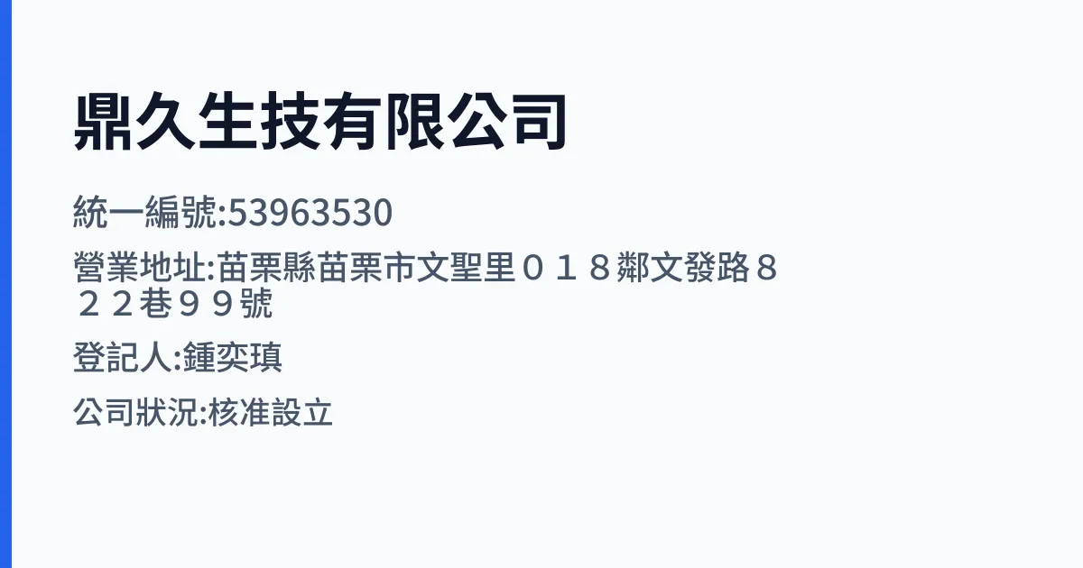 鼎久生技有限公司 - 統編 53963530(苗栗縣) 公司登記資料與營業項目詳細圖表