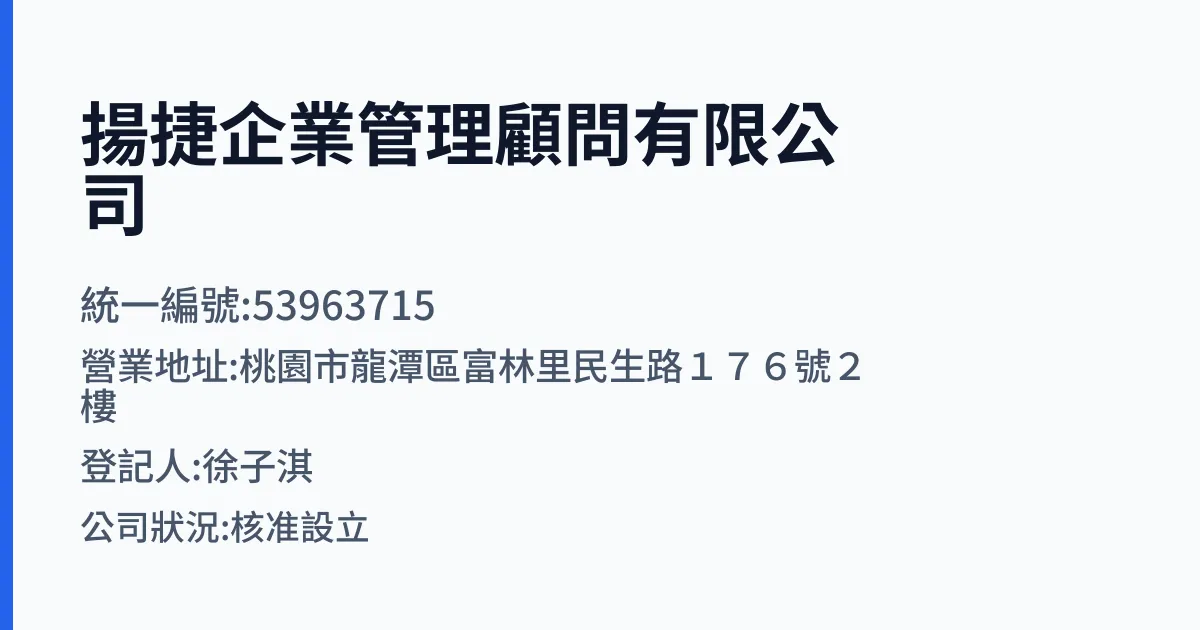 揚捷企業管理顧問有限公司 - 統編 53963715(桃園市) 公司登記資料與營業項目詳細圖表