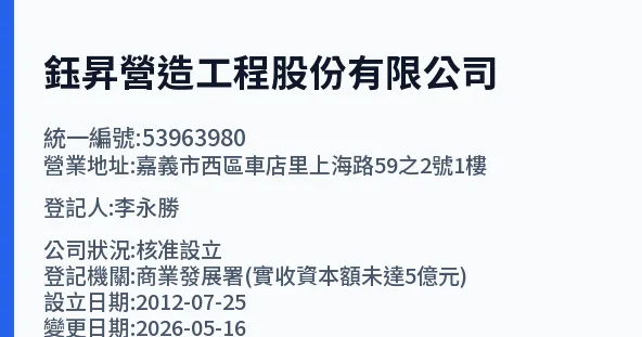 鈺昇營造工程股份有限公司的照片-統編 53963980(嘉義市) 公司登記資料與營業項目詳細圖表