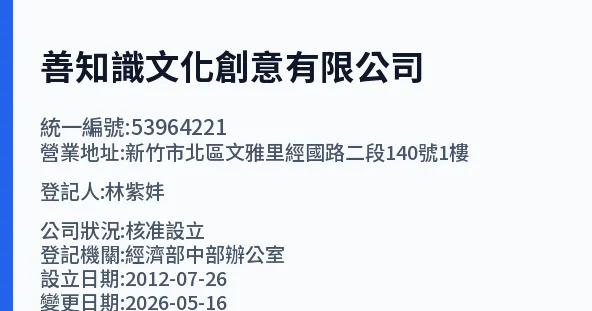 善知識文化創意有限公司的照片-統編 53964221(新竹市) 公司登記資料與營業項目詳細圖表
