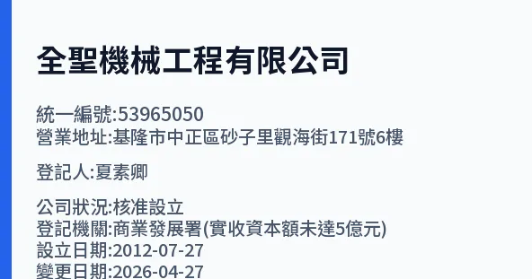 全聖機械工程有限公司的照片-統編 53965050(基隆市) 公司登記資料與營業項目詳細圖表