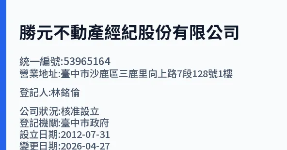 勝元不動產經紀股份有限公司的照片-統編 53965164(臺中市) 公司登記資料與營業項目詳細圖表