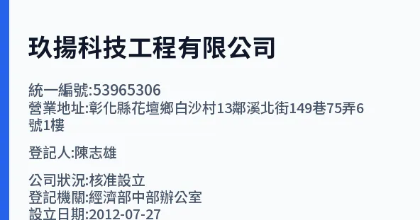 玖揚科技工程有限公司的照片-統編 53965306(彰化縣) 公司登記資料與營業項目詳細圖表