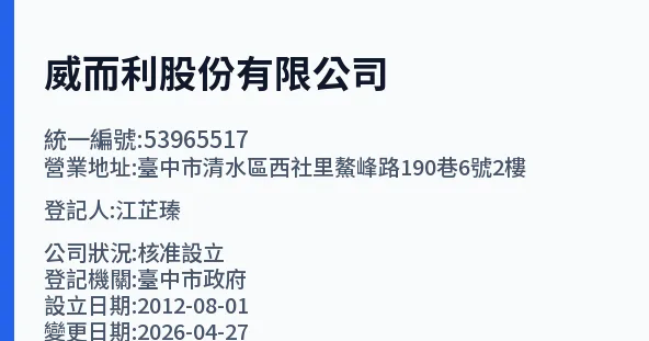 威而利股份有限公司的照片-統編 53965517(臺中市) 公司登記資料與營業項目詳細圖表