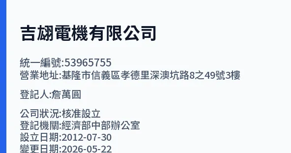 吉翃電機有限公司的照片-統編 53965755(基隆市) 公司登記資料與營業項目詳細圖表