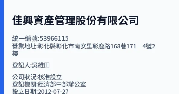 佳興資產管理股份有限公司的照片-統編 53966115(彰化縣) 公司登記資料與營業項目詳細圖表