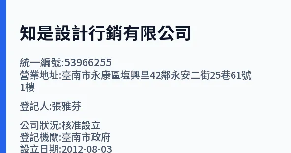 知是設計行銷有限公司的照片-統編 53966255(臺南市) 公司登記資料與營業項目詳細圖表