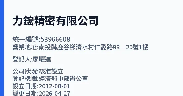 力鋐精密有限公司的照片-統編 53966608(南投縣) 公司登記資料與營業項目詳細圖表