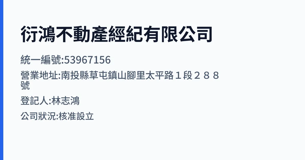 衍鴻不動產經紀有限公司 - 統編 53967156(南投縣) 公司登記資料與營業項目詳細圖表