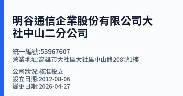 明谷通信企業股份有限公司大社中山二分公司的照片-統編 53967607(高雄市) 公司登記資料與營業項目詳細圖表