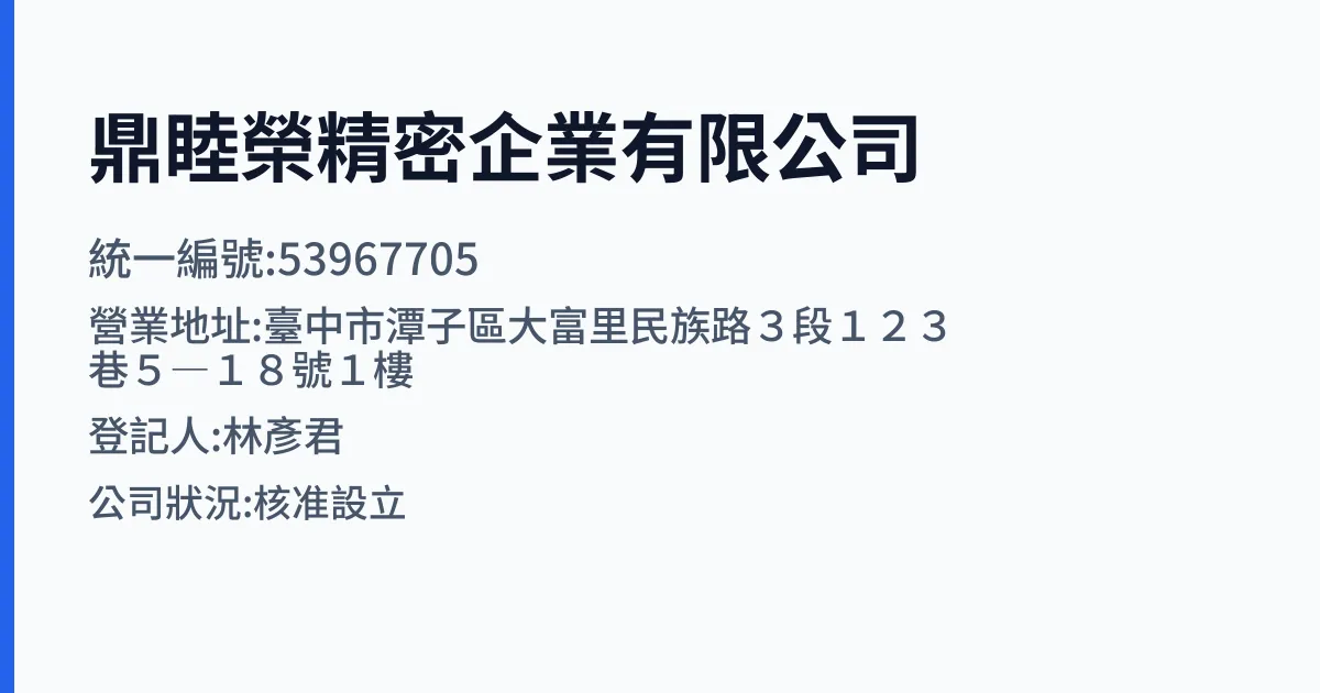 鼎睦榮精密企業有限公司 - 統編 53967705(臺中市) 公司登記資料與營業項目詳細圖表