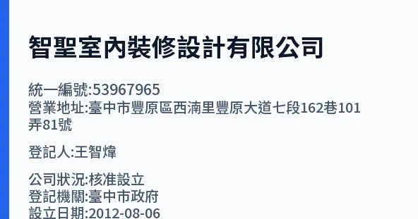 智聖室內裝修設計有限公司的照片-統編 53967965(臺中市) 公司登記資料與營業項目詳細圖表