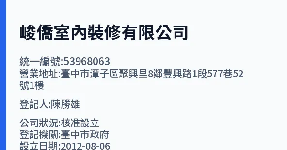 峻僑室內裝修有限公司的照片-統編 53968063(臺中市) 公司登記資料與營業項目詳細圖表