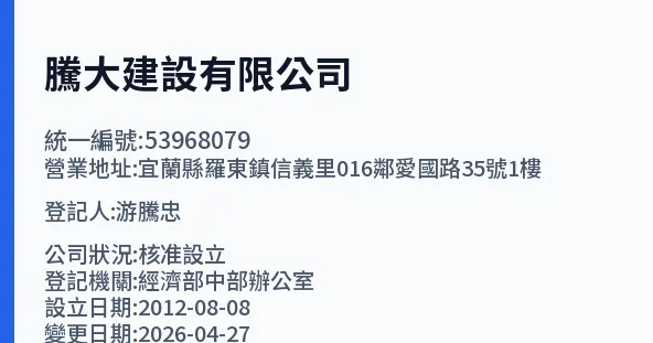 騰大建設有限公司的照片-統編 53968079(宜蘭縣) 公司登記資料與營業項目詳細圖表