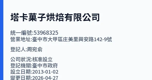塔卡菓子烘焙有限公司的照片-統編 53968325(臺中市) 公司登記資料與營業項目詳細圖表