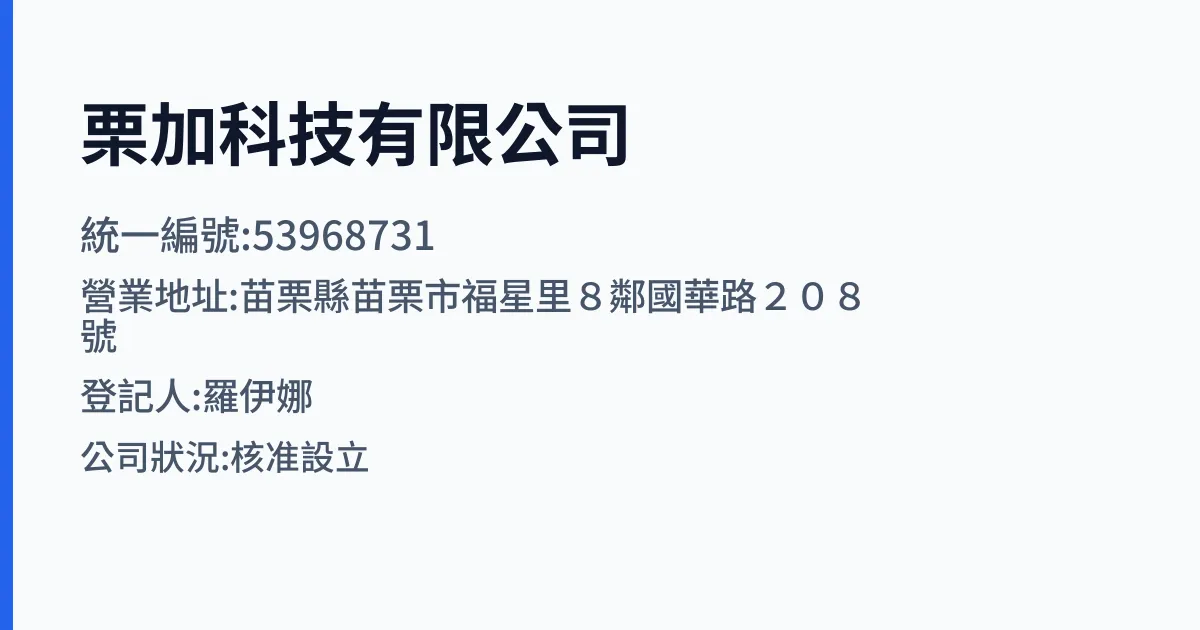 栗加科技有限公司 - 統編 53968731(苗栗縣) 公司登記資料與營業項目詳細圖表