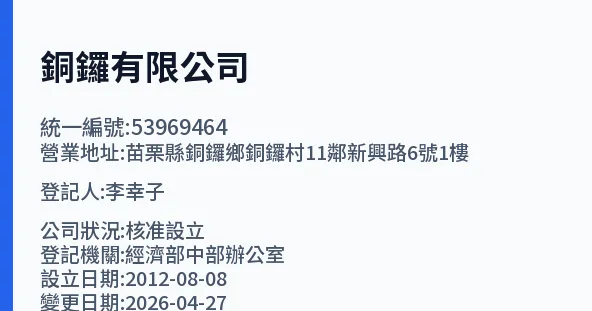 銅鑼有限公司的照片-統編 53969464(苗栗縣) 公司登記資料與營業項目詳細圖表