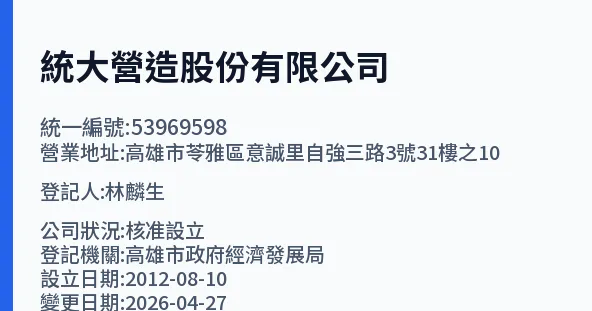 統大營造股份有限公司的照片-統編 53969598(高雄市) 公司登記資料與營業項目詳細圖表
