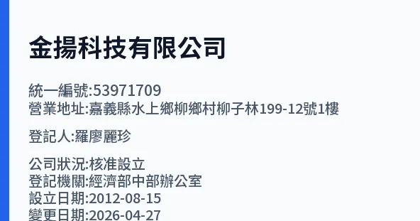 金揚科技有限公司的照片-統編 53971709(嘉義縣) 公司登記資料與營業項目詳細圖表