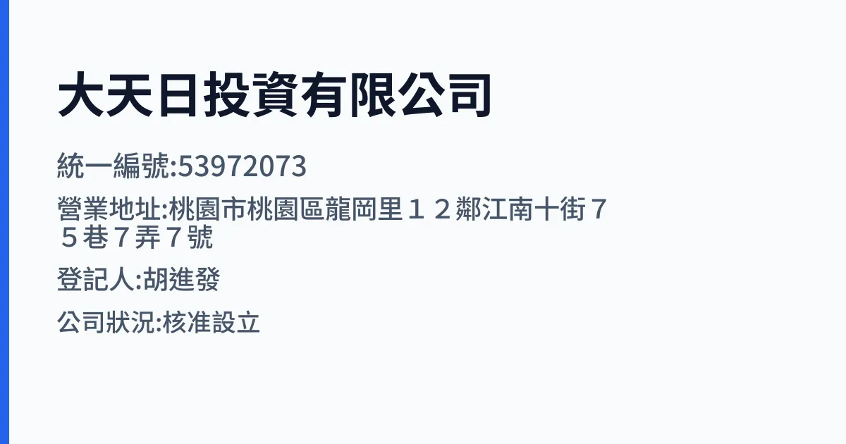 大天日投資有限公司 - 統編 53972073(桃園市) 公司登記資料與營業項目詳細圖表