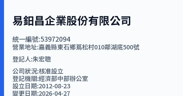 易鈤昌企業股份有限公司的照片-統編 53972094(嘉義縣) 公司登記資料與營業項目詳細圖表